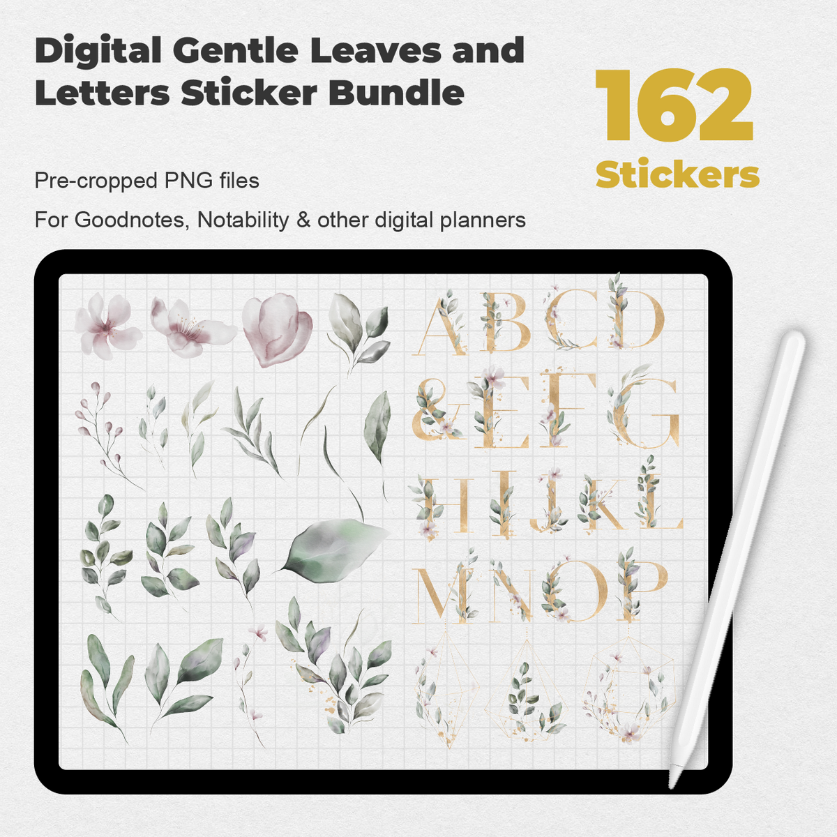 162 Digital Gentle Leaves and Letters Sticker Bundle — Stationery Pal